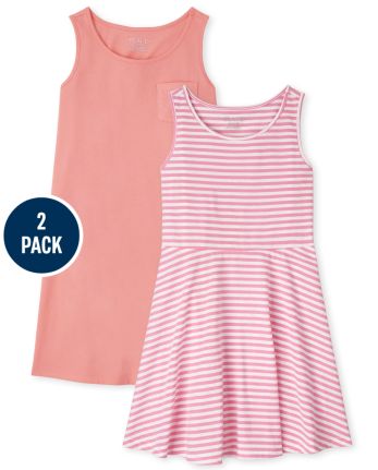 Girls Sleeveless Solid And Striped Knit Tank Dress 2-Pack | The ...