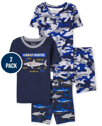 Boys Short Sleeve Camo And Shark Snug Fit Cotton Pajamas 2-Pack | The ...