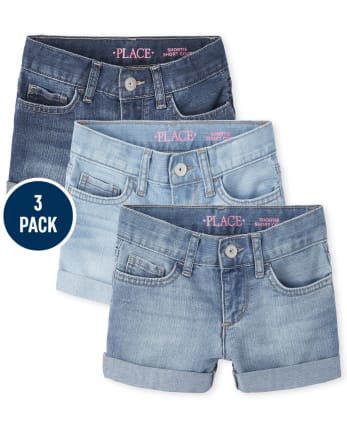Girls Roll Cuff Denim Shortie Shorts 3-Pack - BLUE | The Children's Place