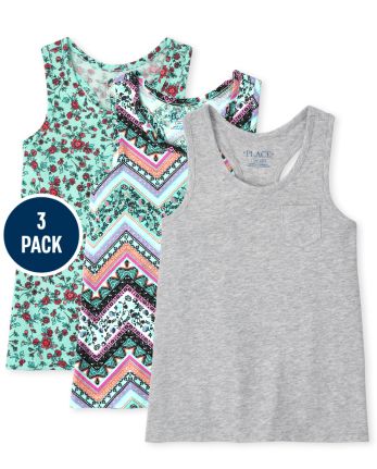 Girls Sleeveless Print And Solid Racerback Tank Top 3-Pack | The ...