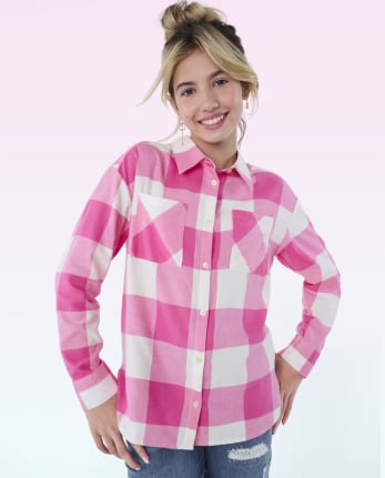 Tween Girls Long Sleeve Plaid Oversized Button Up Shirt - WHITE | The ...