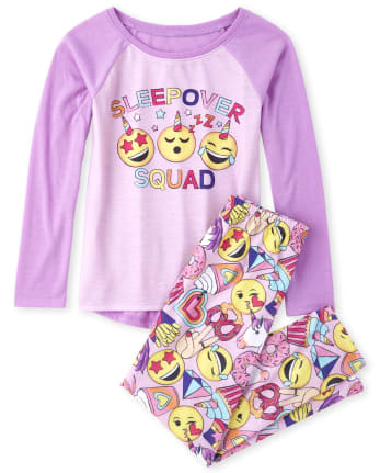 Girls Long Raglan Sleeve 'Sleepover Squad' Emoji Pajamas | The Children ...