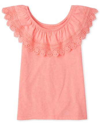 Girls Short Sleeve Crochet Neck Ruffle Top