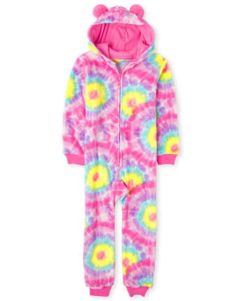 Girls Long Sleeve Tie Dye Print Fleece Hooded One Piece Pajamas | The ...