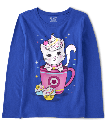 Girls Long Sleeve Cupcake Cat Graphic Tee - BLUE | The Children's Place