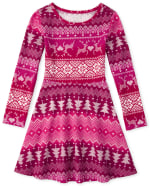 Girls Long Sleeve Christmas Fair Isle Print Knit Matching Skater Dress