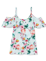 Girls Short Sleeve Floral Print Cold Shoulder Top
