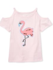 Girls Short Sleeve Sequin Graphic Cold Shoulder Top