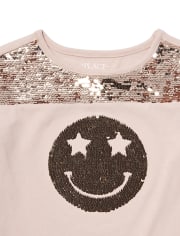 Girls Short Sleeve Flip Sequin Smiley Face Graphic Top | The Children's ...