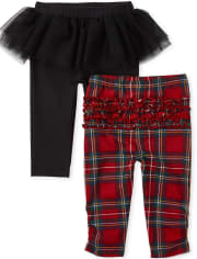 Baby Girls Christmas Plaid And Tutu Knit Pants 2-Pack