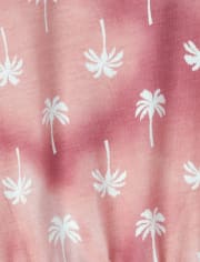 Girls Short Flutter Sleeve Palm Tree Print Knit Ruffle Romper