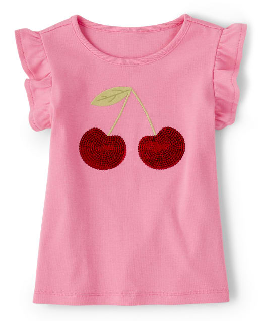 Girls Short Flutter Sleeve Sequin Cherries Top - Very Cherry - PINK ...