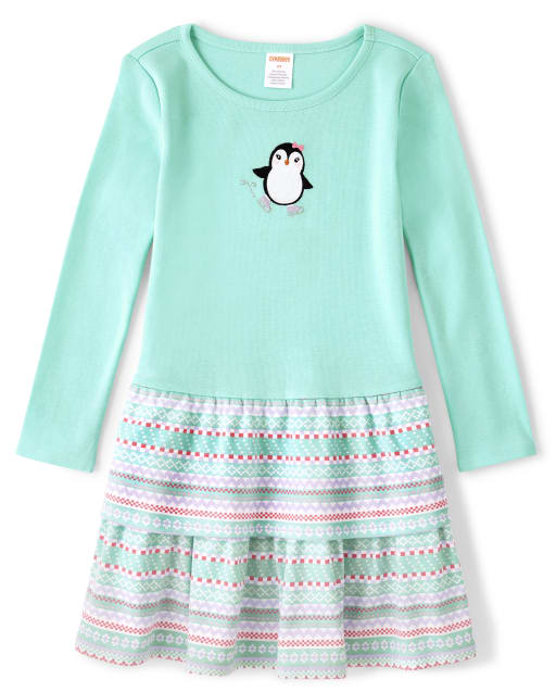 Girls Long Sleeve Penguin Knit Tiered Dress - Polar Party - GREEN ...