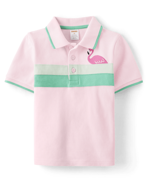 Boys Short Sleeve Striped Embroidered Flamingo Polo - Tropical Paradise ...