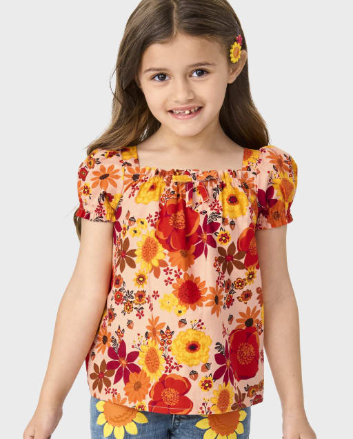 Girls Short Sleeve Floral Print Flannel Top - Happy Harvest - ORANGE ...