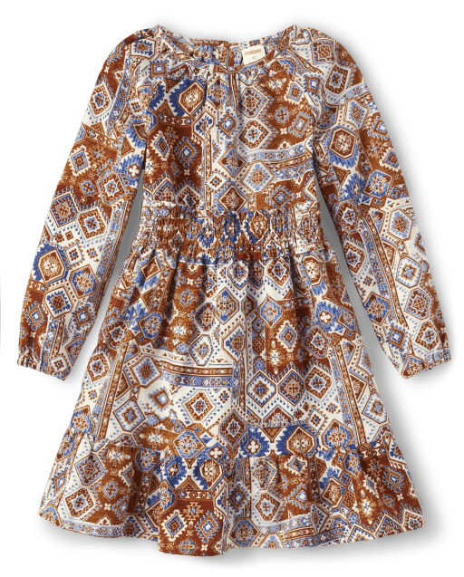 Girls Long Raglan Sleeve Geometric Flannel Knit Tiered Dress - Montana ...