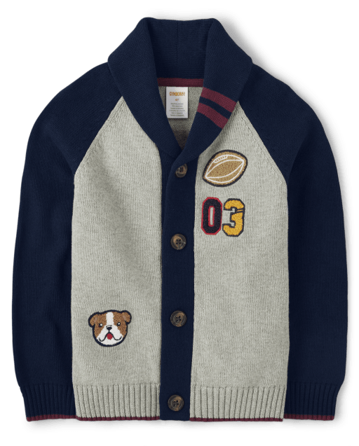 Boys Long Raglan Sleeve Applique Varsity Patch Cardigan - Prep School ...