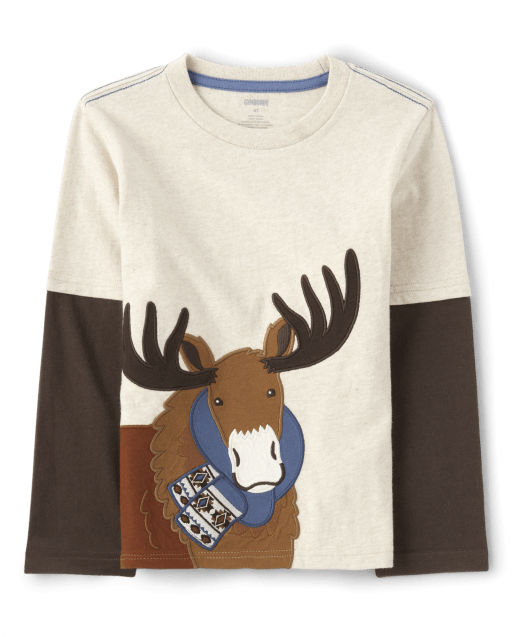 Boys Long Sleeve Embroidered Moose Layered Top - Montana Mountain - TAN ...