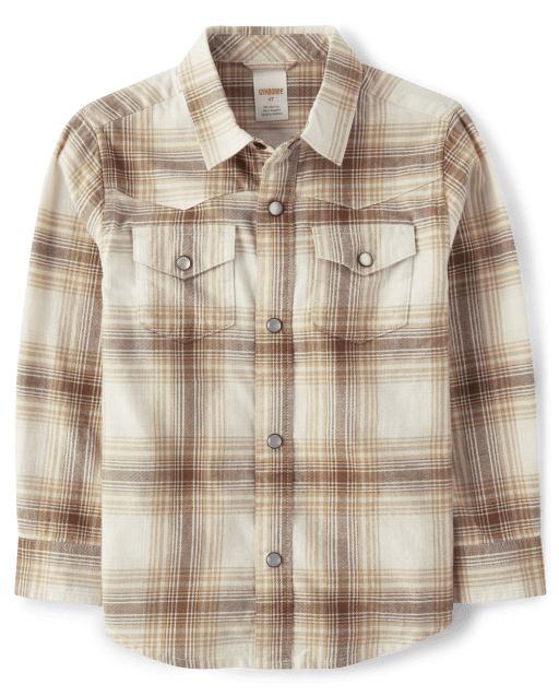 Boys Long Sleeve Plaid Twill Snap Front Shirt - Rustic Ranch - CINNAMON ...