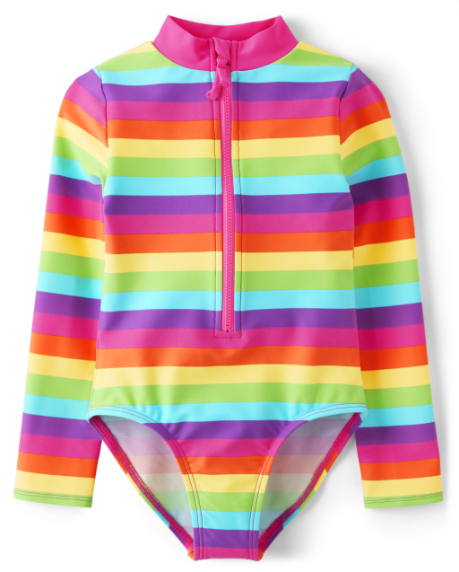Girls Long Sleeve Rainbow Rashguard One Piece Swimsuit - Splish-Splash ...