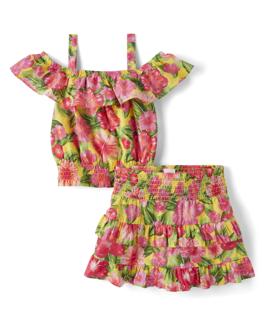 Girls Sleeveless Floral Ruffle 2-Piece Outfit Set - Little Essentials ...
