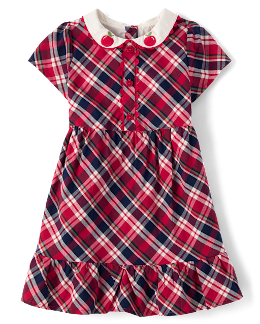 Girls Short Sleeve Plaid Poplin Ruffle Dress - Classroom Cutie - RED ...