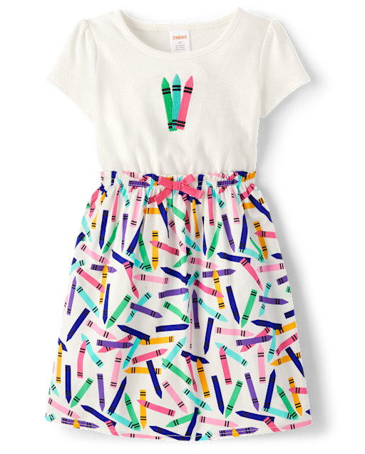 Girls Short Sleeve Embroidered Crayon Fit And Flare Dress - Classroom ...