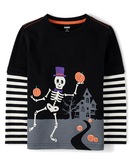Boys Halloween Long Sleeve Embroidered Skeleton Layered Top - Halloween ...