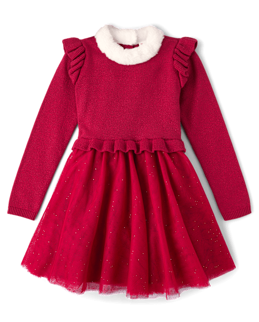 Girls Long Sleeve Glitter Sweater Dress - Holiday Express - RED ...
