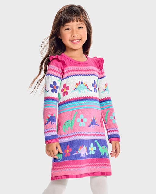 Girls Long Sleeve Dino Fairisle Sweater Dress - Dino Friends - PINK ...
