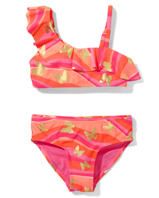 Tween Girls Sleeveless Foil Butterfly One Shoulder Bikini Swimsuit ...