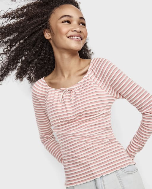 Tween Girls Long Sleeve Stripe Ribbed Top - ROSE PETAL | The Children's ...
