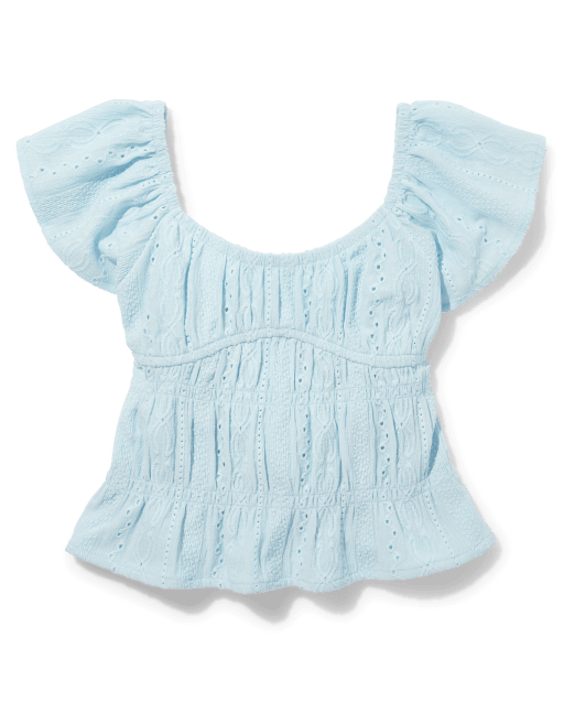 Tween Girls Short Sleeve Eyelet Top - BLUE | The Children's Place