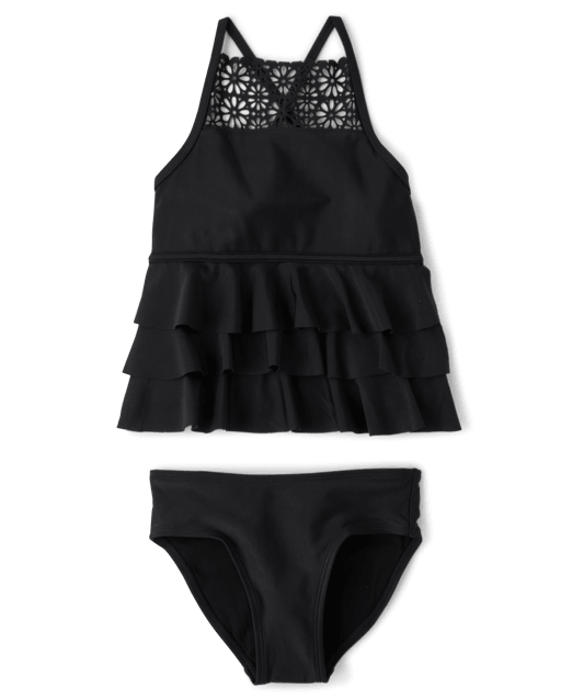 Tween Girls Sleeveless Ruffle Tankini Swimsuit - BLACK | The Children's ...