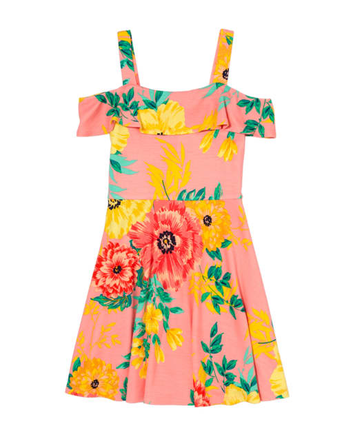 Girls Short Sleeve Floral Print Knit Off Shoulder Dress | The Children ...