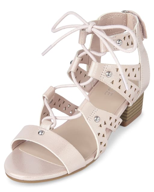 Girls Easter Metallic Laser Cut Studded Lace Up Faux Leather Low Heel ...