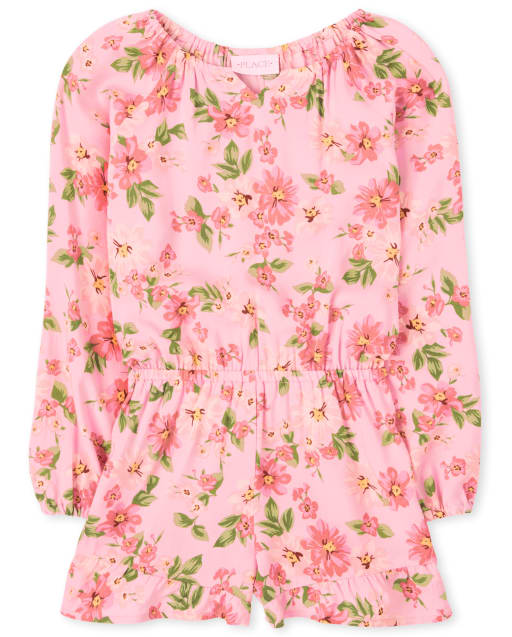 Girls Long Sleeve Floral Print Ruffle Woven Romper | The Children's ...