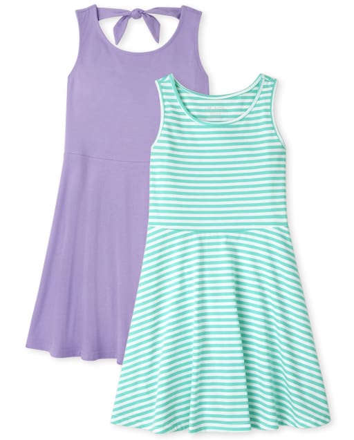 Girls Sleeveless Solid And Striped Knit Tank Dress 2-Pack | The ...
