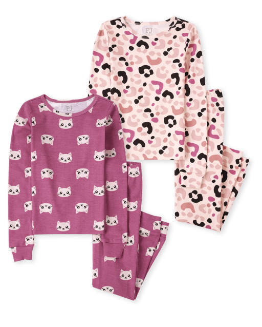 Girls Long Sleeve Cat And Leopard Print Snug Fit Cotton Pajamas 2-Pack ...