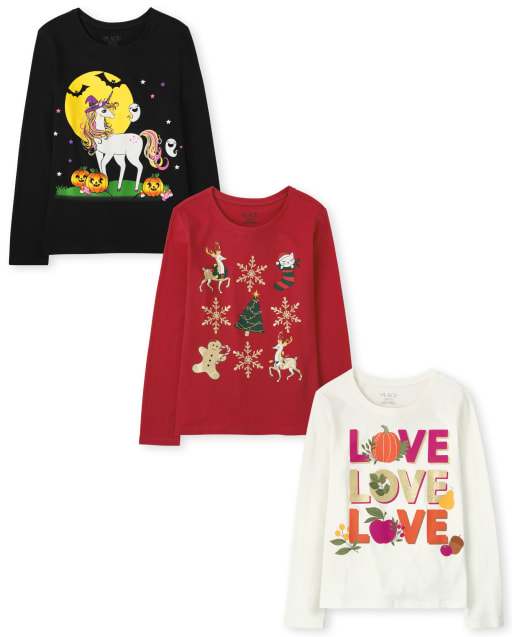 Girls Long Sleeve Holiday Graphic Tee 3-Pack - MULTI COLOR 2 | The ...