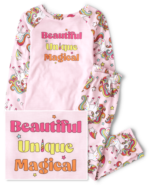 Girls Long Raglan Sleeve 'Beautiful Unique Magical' Unicorn Pajamas ...
