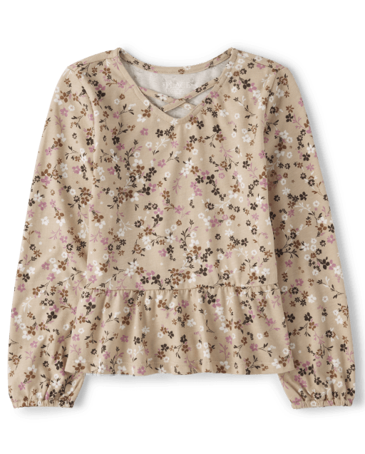 Girls Long Sleeve Print Peplum Top | The Children's Place - LATTE