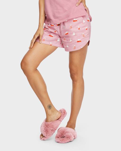 Womens Christmas Print Flannel Pajama Shorts - PINK | The