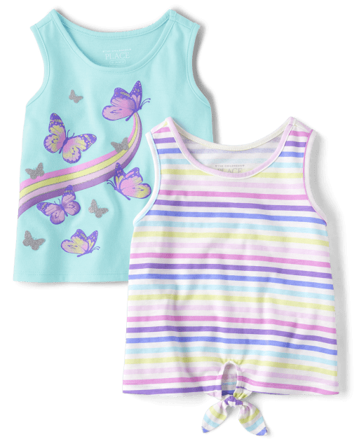 Toddler Girls Mix And Match Sleeveless Buttefly Graphic And Striped Tie ...