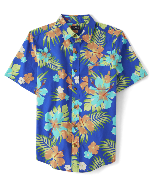 Mens Matching Family Short Sleeve Tropical Print Poplin Button Up Shirt ...
