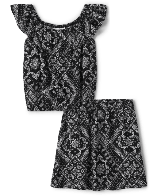 Girls Sleeveless Bandana Print Ruffle Top And Woven Skirt 2-Piece Set ...
