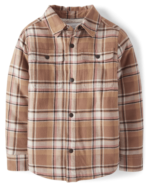 Girls Long Sleeve Plaid Sherpa-Lined Shacket - PECAN PIE | The Children ...