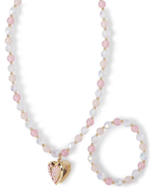 Girls Heart Locket Beaded Necklace And Bracelet 2-Piece Set - MULTI CLR ...