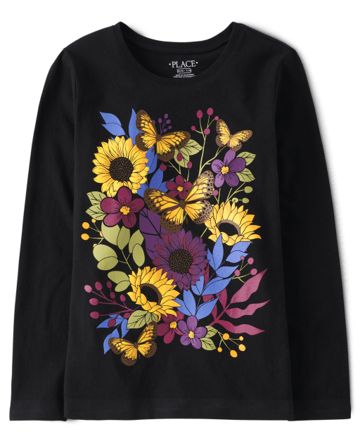 Girls Long Sleeve Flower Bouquet Graphic Tee Black The Children S Place