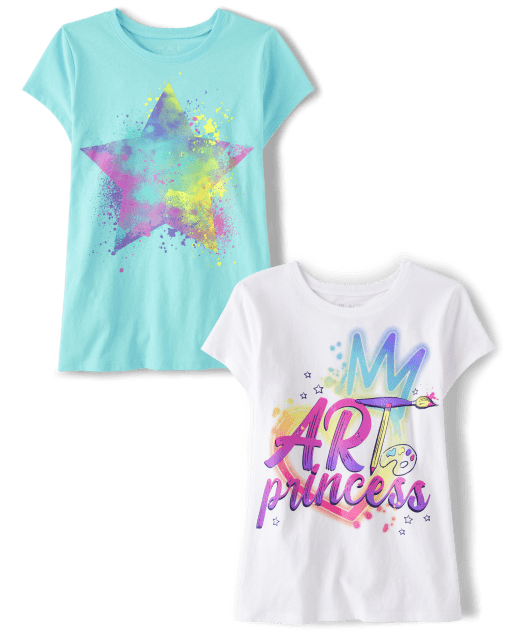 Girls Short Sleeve 'Art Princess' And Rainbow Star Graphic Tee 2-Pack ...